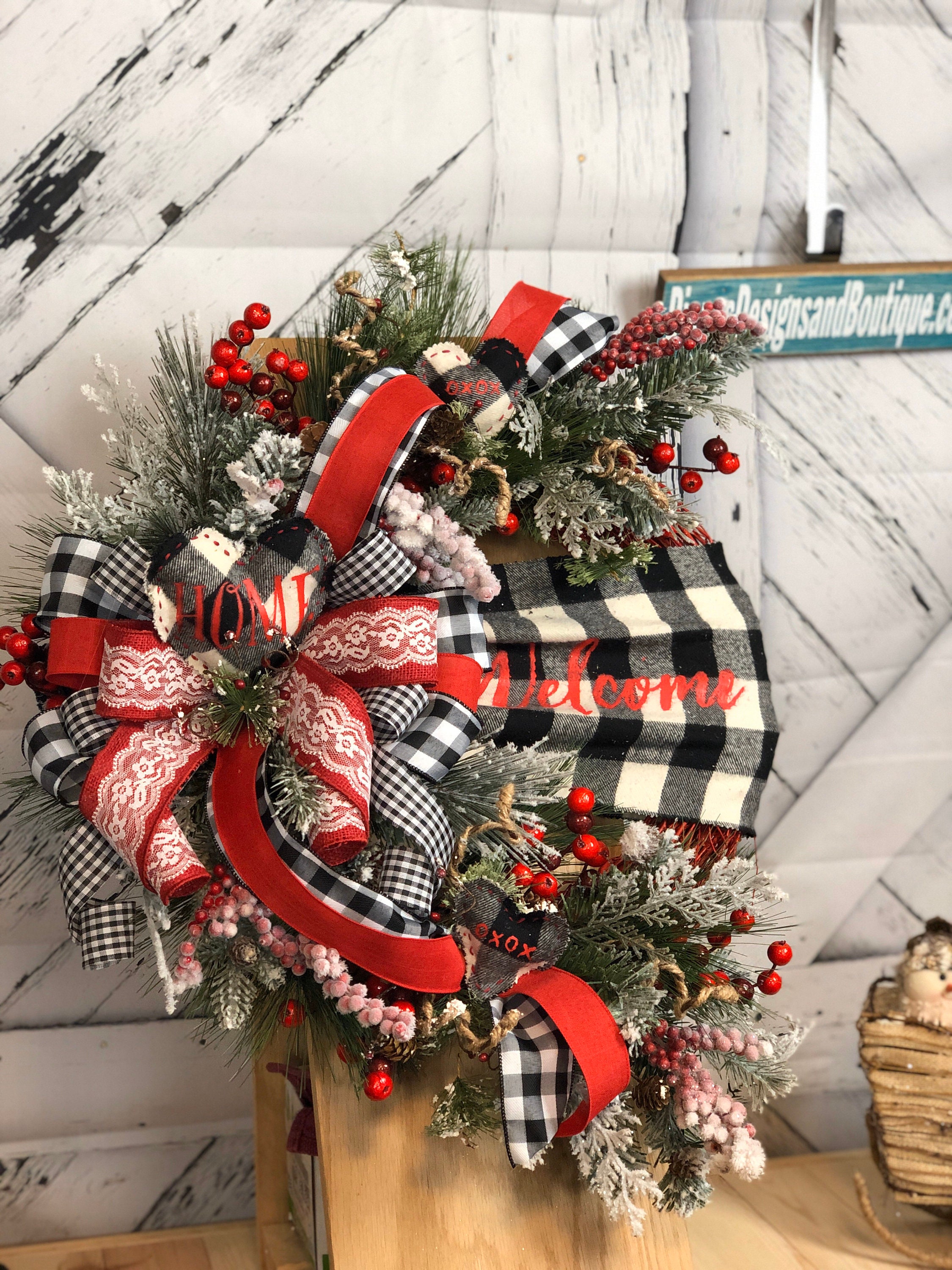 Farmhouse Buffalo Plaid Welcome Winter Wreath, Rustic Painted Grapevine ...