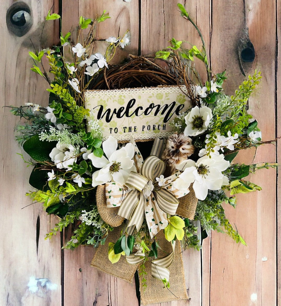 Rustic Farmhouse Magnolia Wreath With Welcome Sign and Owl Accent. - Etsy