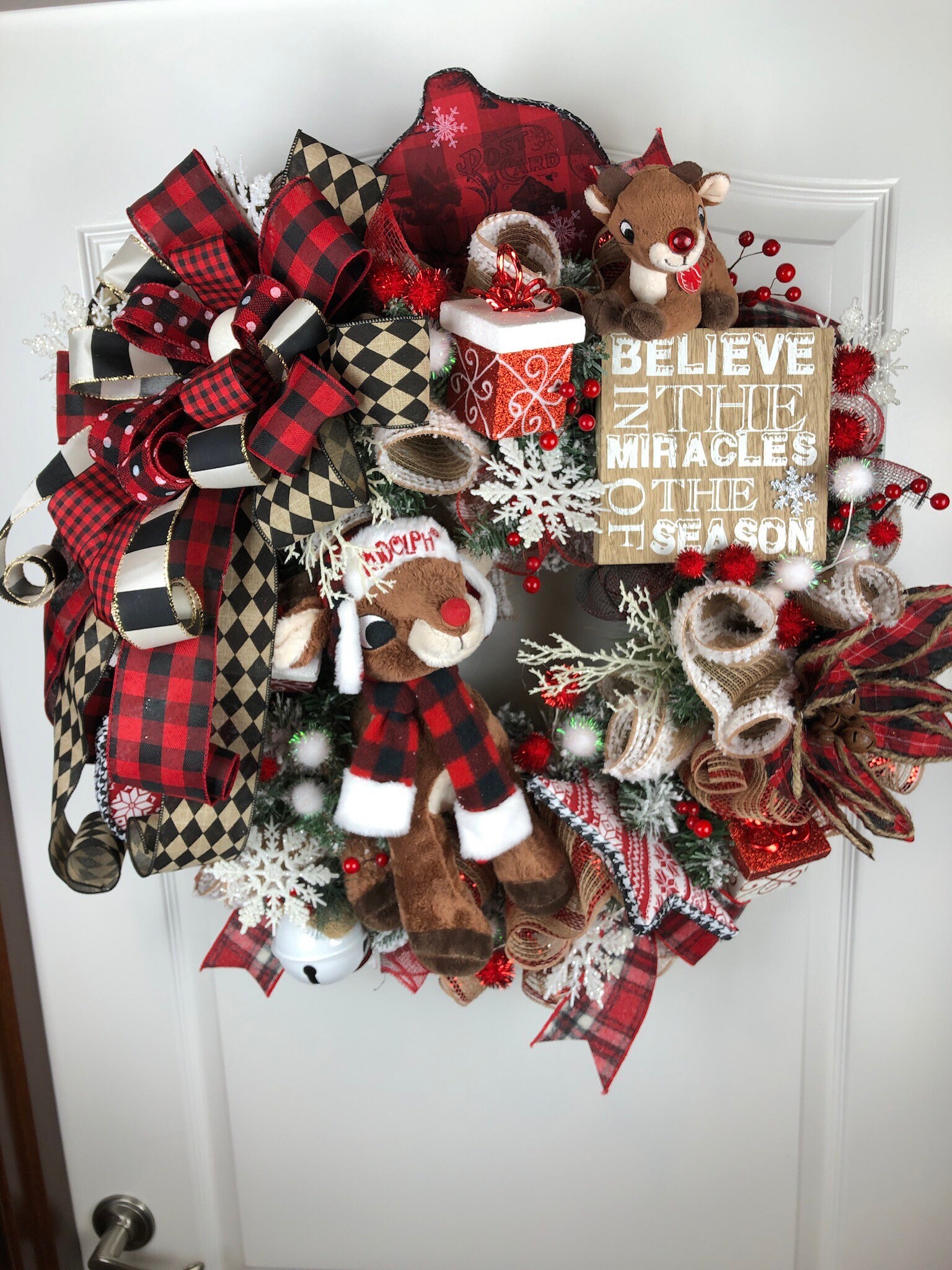 Rustic Buffalo Plaid Musical Rudolph Christmas Wreath for Your Door ...