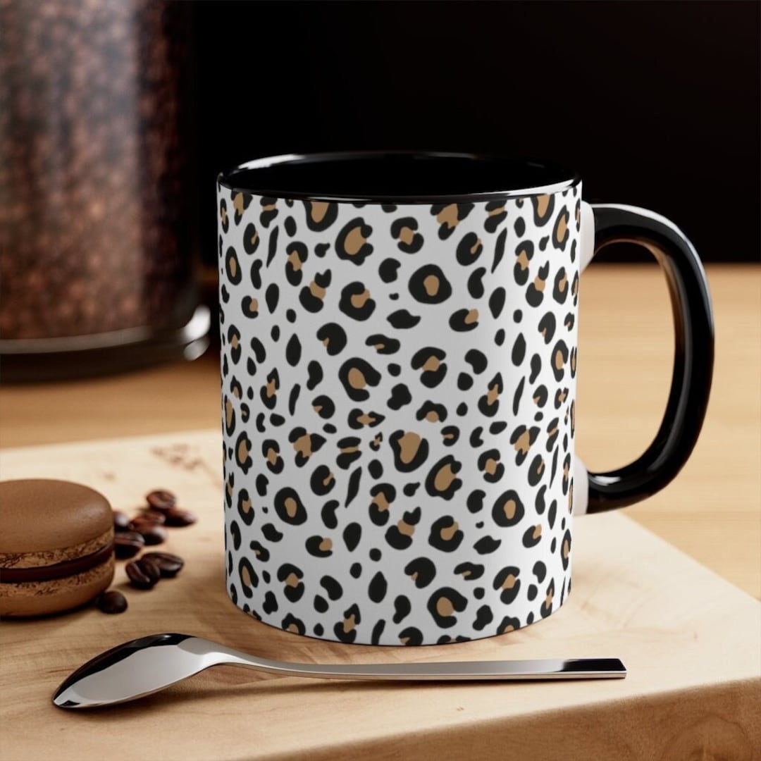 White Leopard Coffee Mug, Animal Print Coffee Mug, Black or Red Accent ...