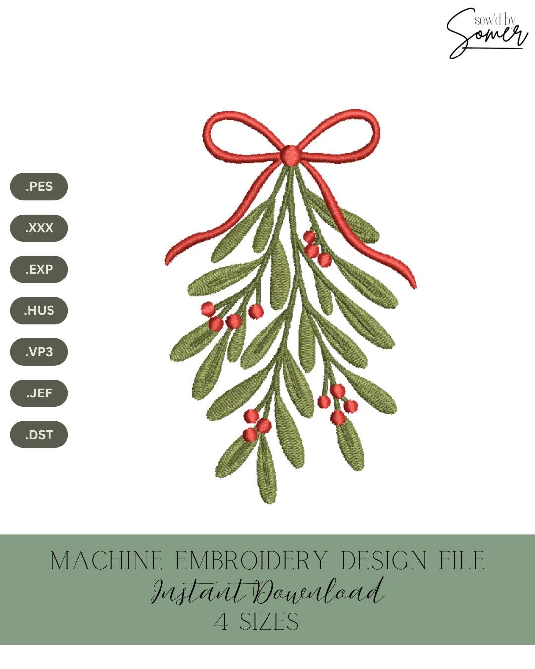 Mistletoe Bow Embroidery Design: Christmas Kiss Stitch (digital ...