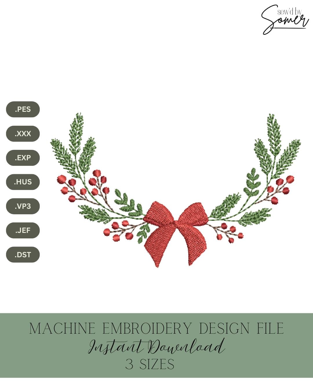 Christmas Greenery Bow Embroidery Design: Holiday Garland (digital ...
