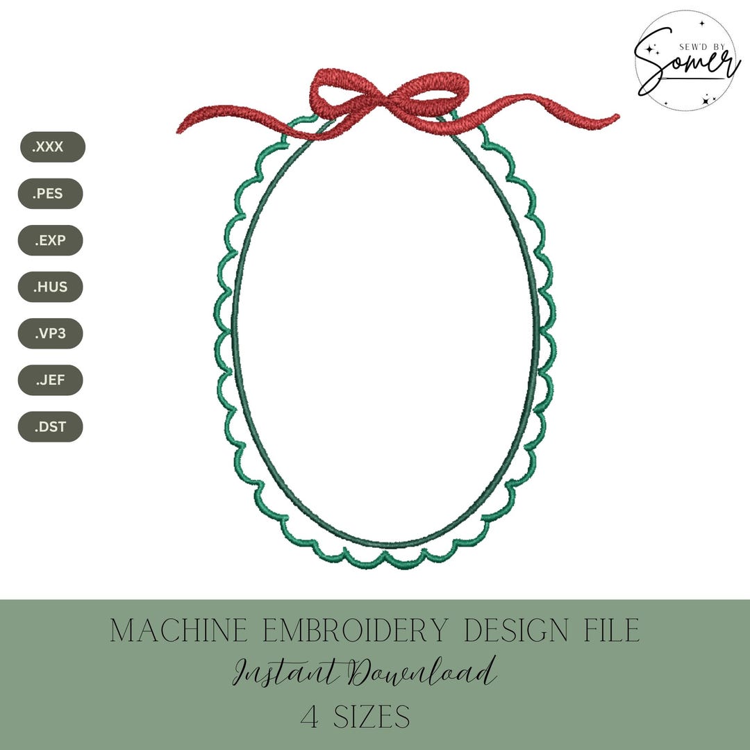 Scalloped Oval Frame With Bow Machine Embroidery Design (instant ...