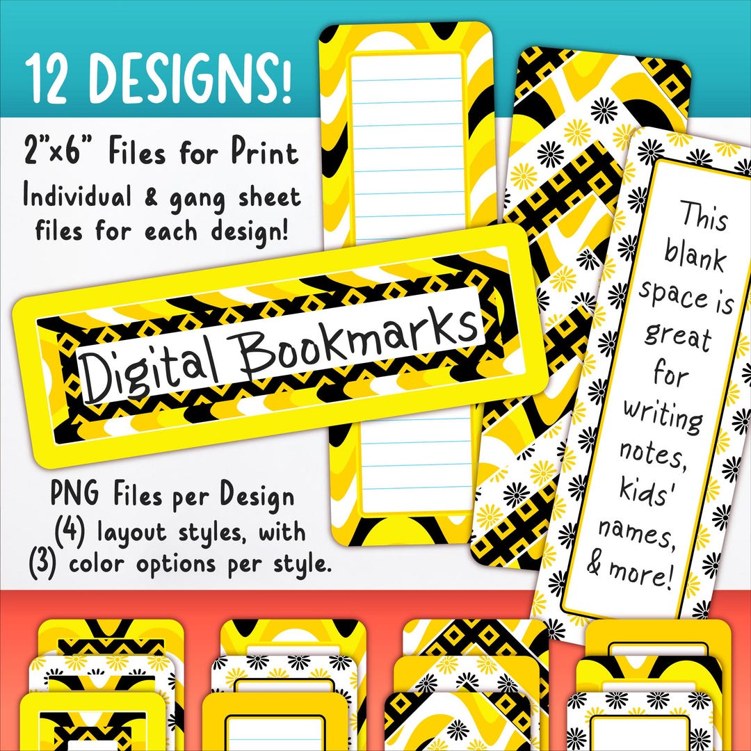 Digital Bookmarks (printable), Clipart Bundle Set of 12 | Lined & Blank ...