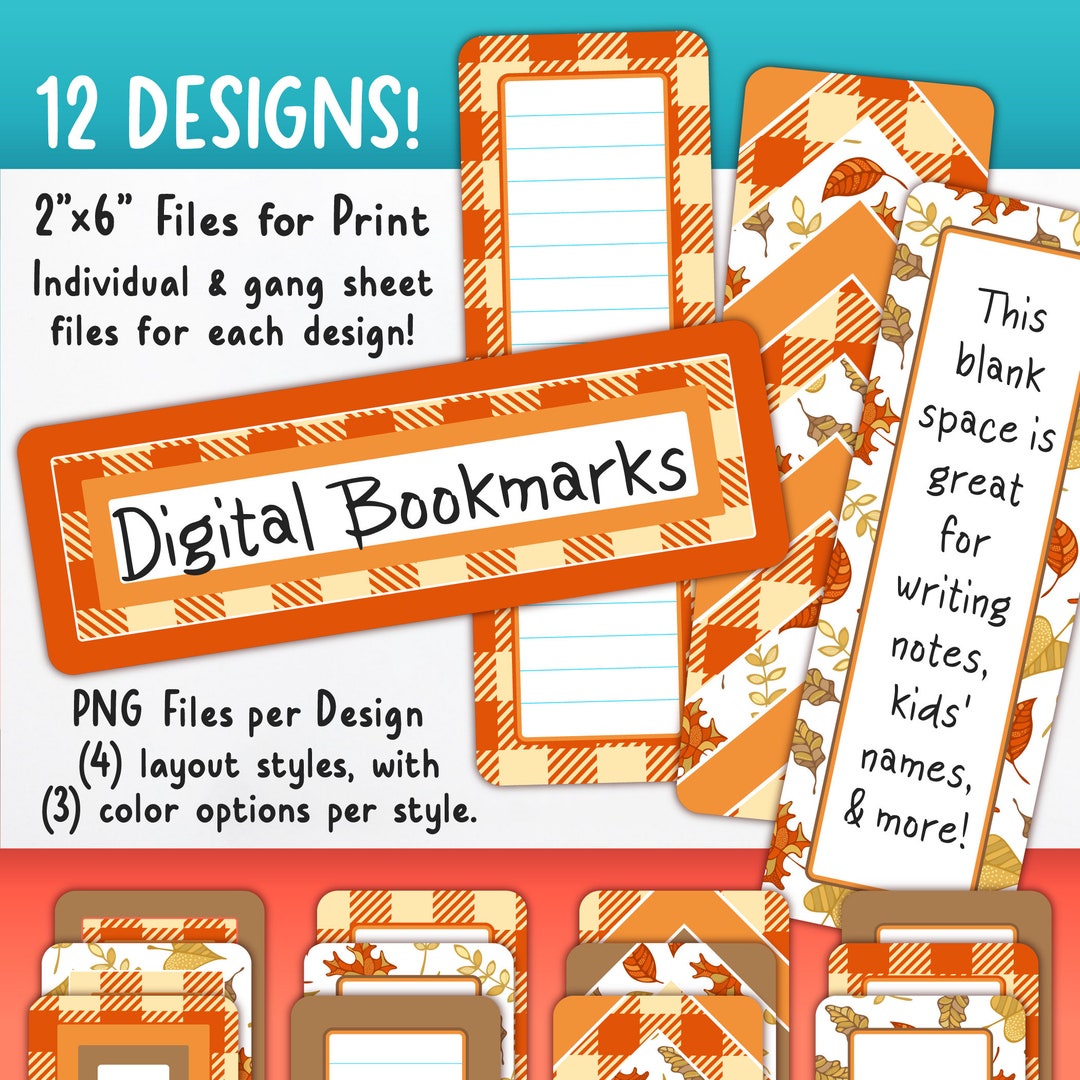 Digital Bookmarks (printable), Clipart Bundle Set of 12 | Lined & Blank ...