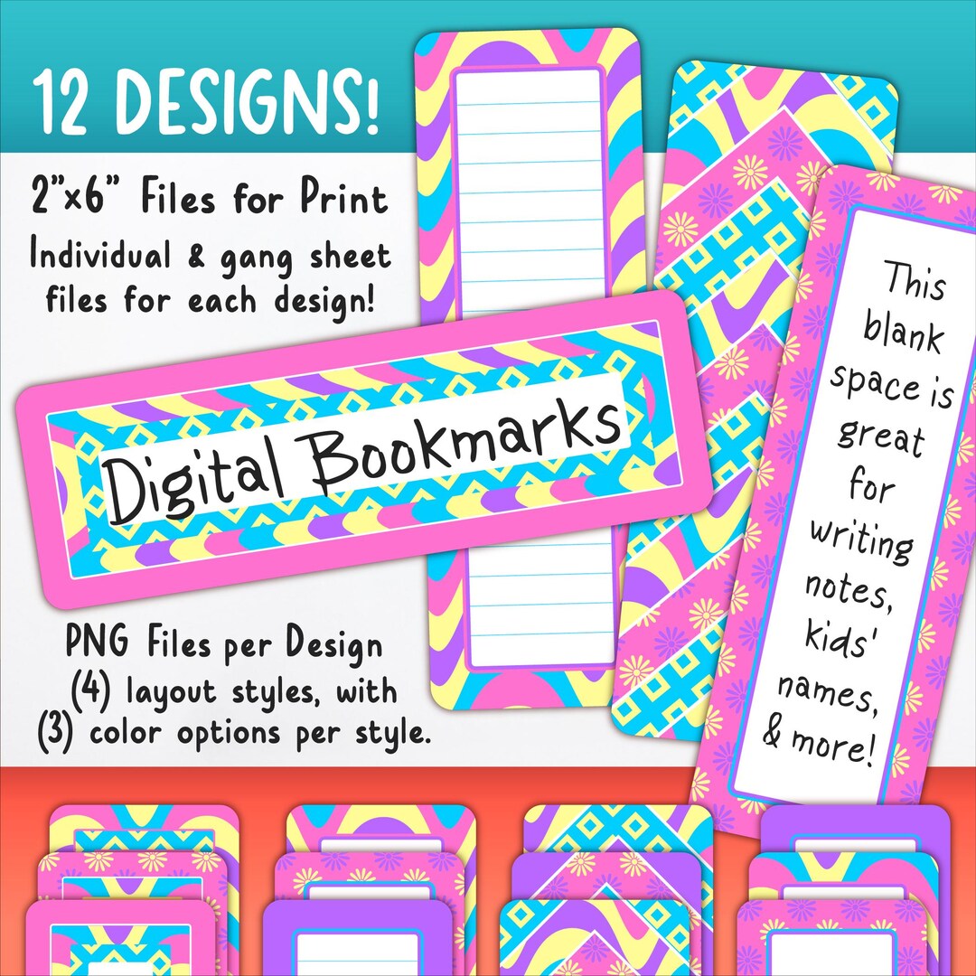 Digital Bookmarks (printable), Clipart Bundle Set of 12 | Lined & Blank ...