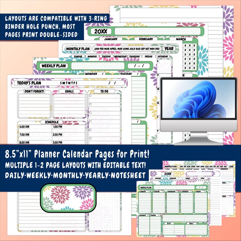 Calendar Pack - Editable Daily | Weekly | Monthly | Yearly | Flower ...