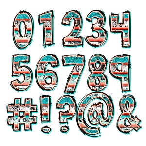 Turquoise Cow Serape Alphabet, Uppercase Lowercase and Numbers, Doodle ...