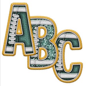 Gold and Green Football Alphabet, Faux Embroidery Stitch Alpha ...