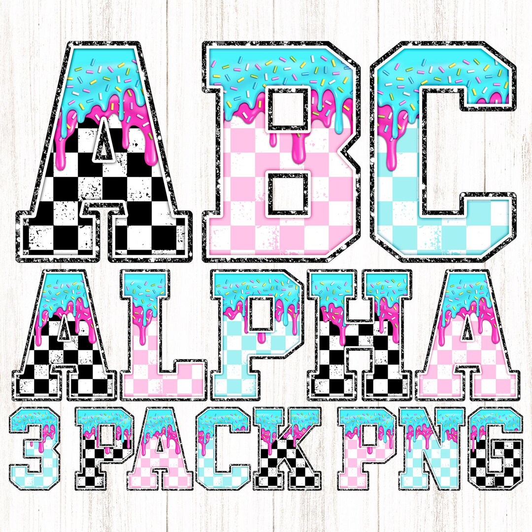 Drippy Ice-cream Checker Print PNG Alphabet With Black Glitter Border ...