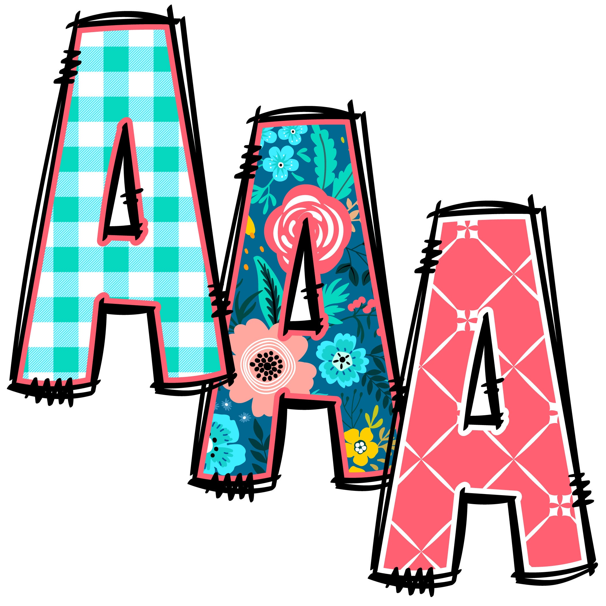 PNG Bundle Alphabet, Doodle Alpha Sets With Floral Pattern Fills, Plaid ...