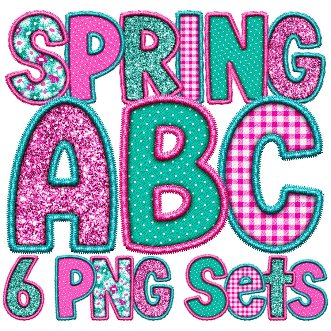Spring Faux Embroidery PNG Alphabet Bundle, Pink Teal Alphabets With ...