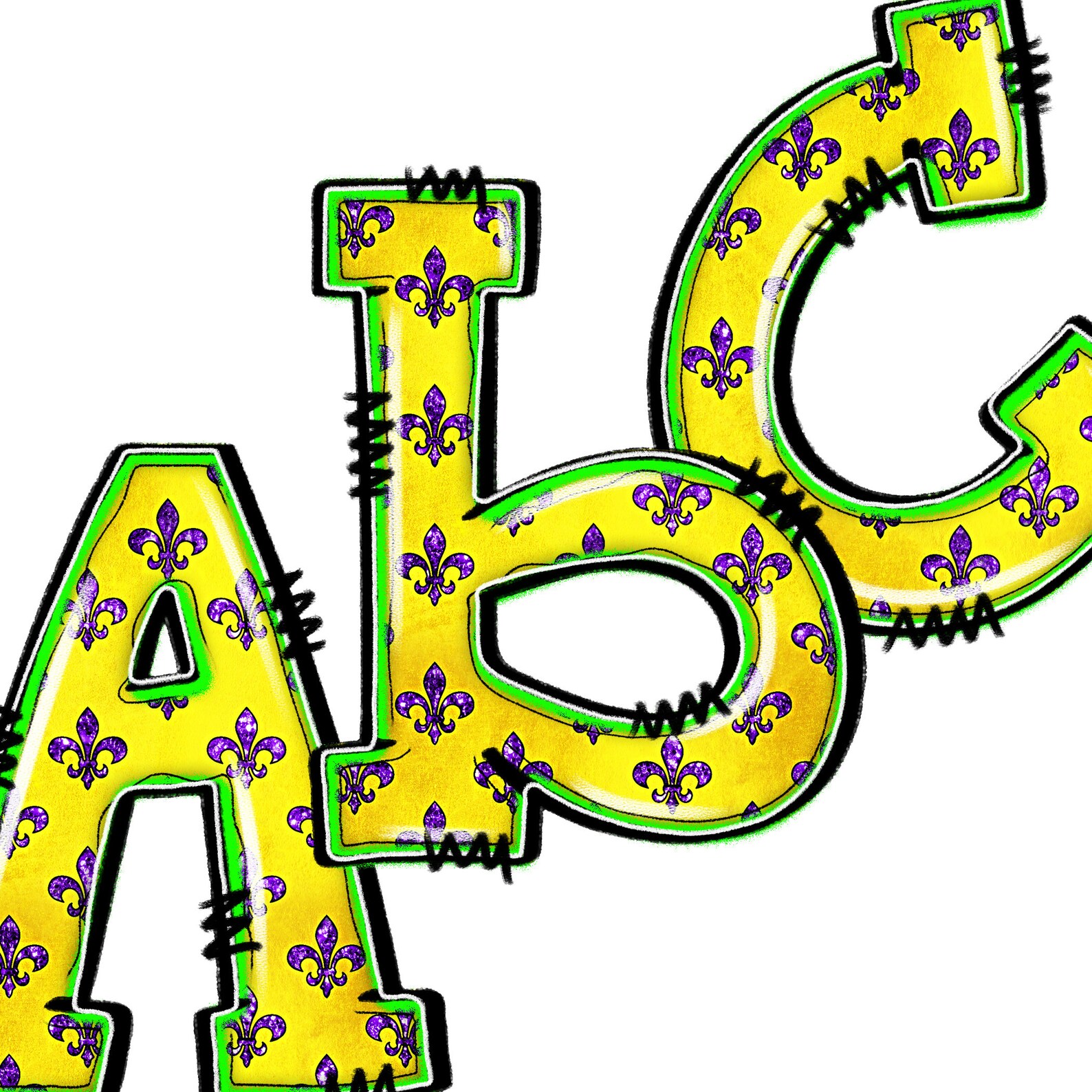 Mardi Party PNG Alphabet Bundle, 3 Full Doodle Hand Drawn Alpha Sets ...