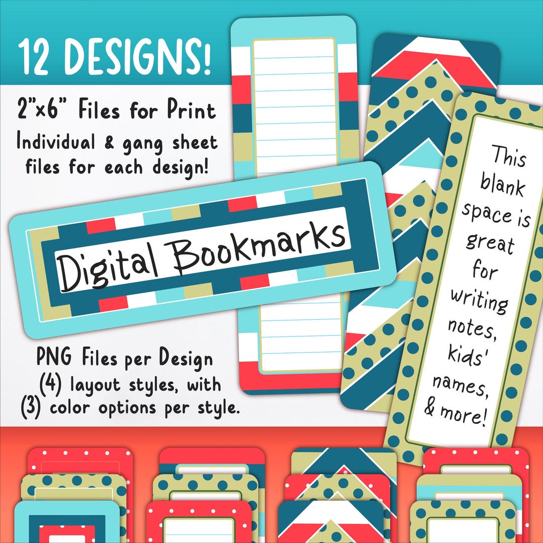 Digital Bookmarks (printable), Clipart Bundle Set of 12 | Lined & Blank ...