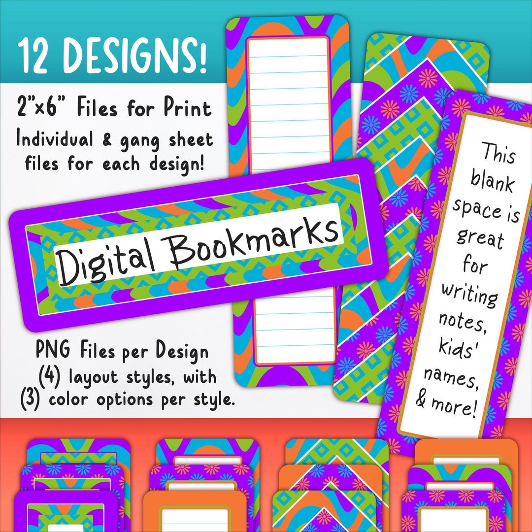 Digital Bookmarks (printable), Clipart Bundle Set of 12 | Lined & Blank ...