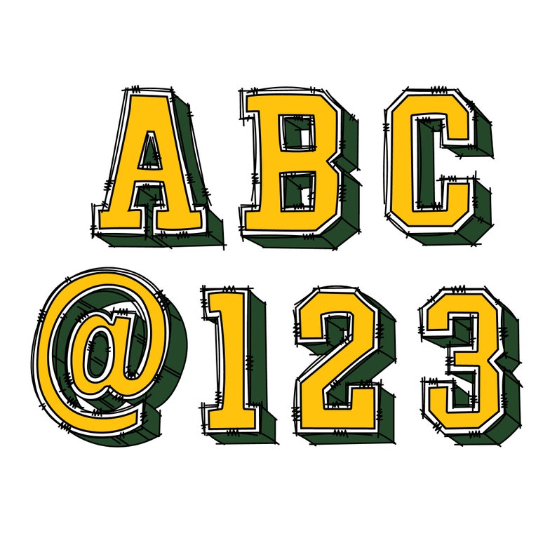 Digital Doodle PNG | Varsity Alphabet & Numbers Bundle in Gold and ...