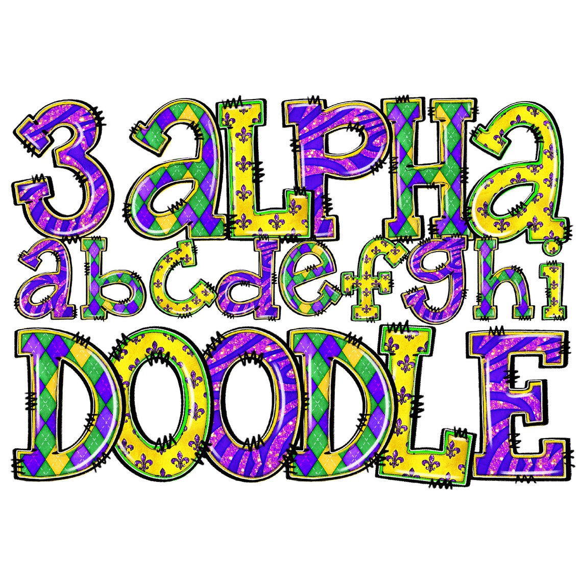 Mardi Party PNG Alphabet Bundle, 3 Full Doodle Hand Drawn Alpha Sets ...