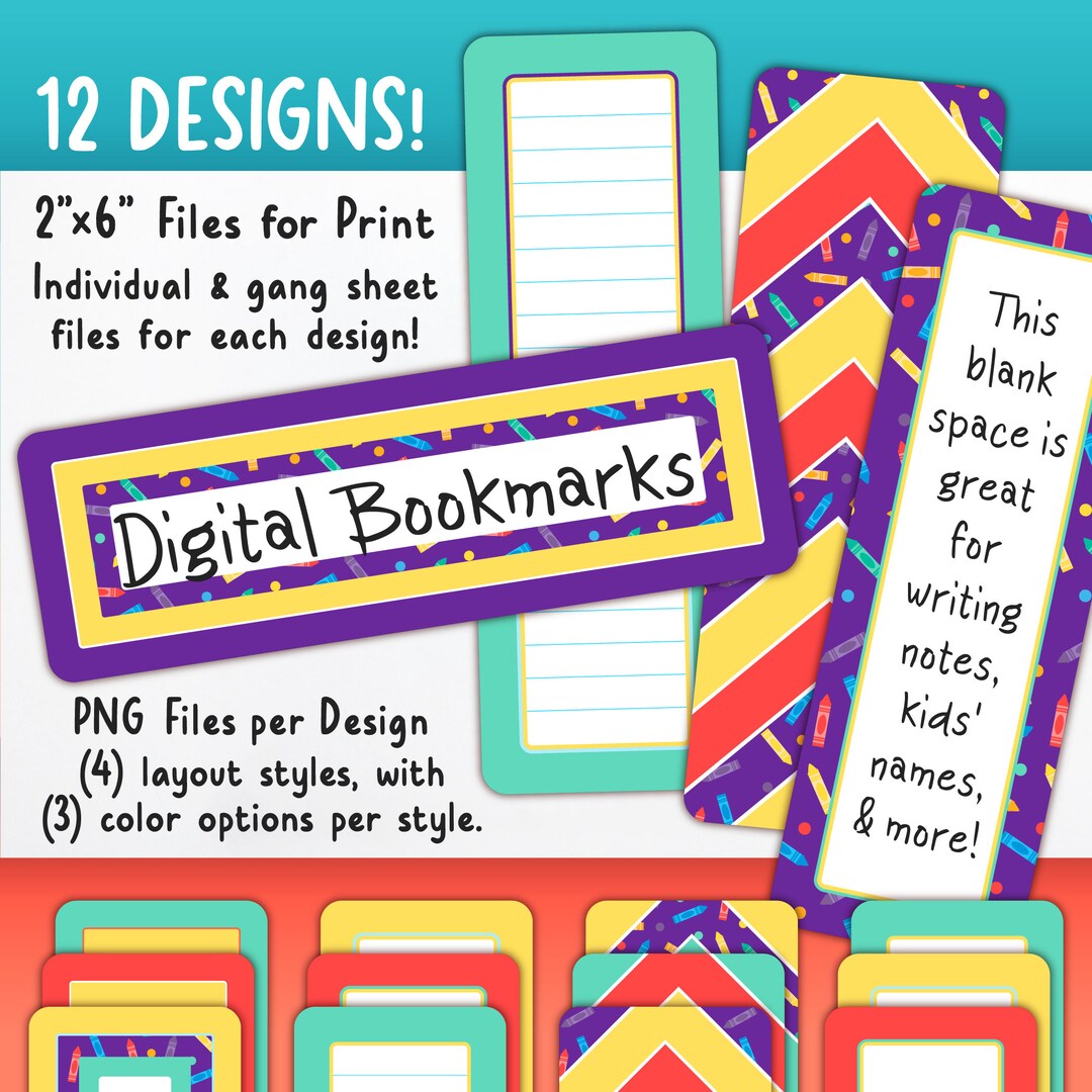 Digital Bookmark Printables, Clipart Bundle Set of 12, Crayon, Purple ...
