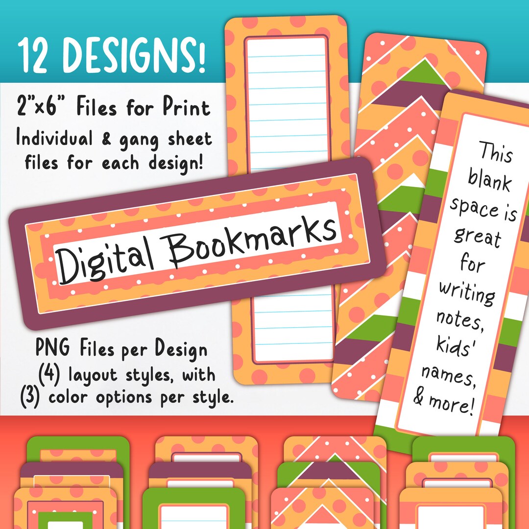 Digital Bookmarks (printable), Clipart Bundle Set of 12 | Lined & Blank ...
