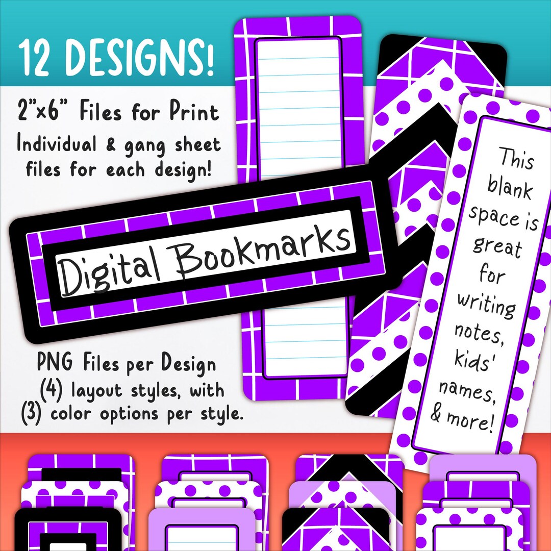 Digital Bookmarks (printable), Clipart Bundle Set of 12 | Lined & Blank ...