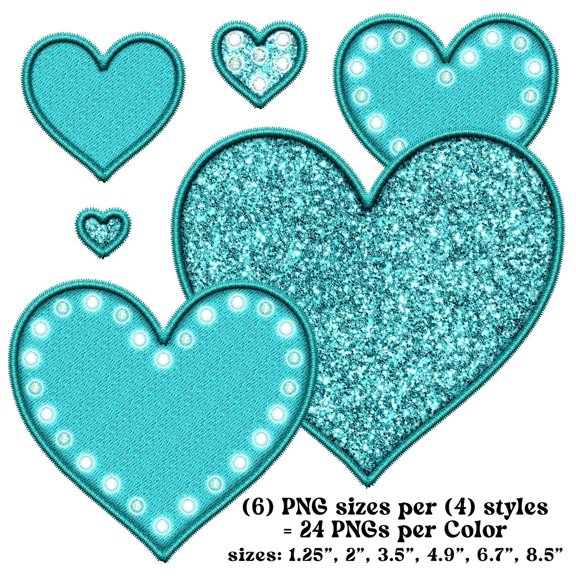 Hearts PNG Bundle, Spring Pastel Marquee Glitter Patch, Faux Embroidery ...