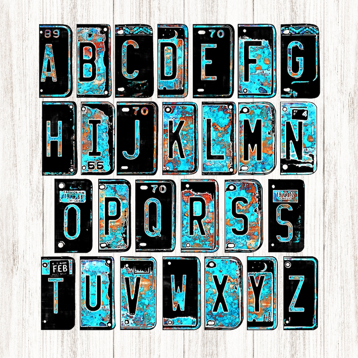 License Plate Alphabet Teal Turquoise Coral Alpha Grunge - Etsy