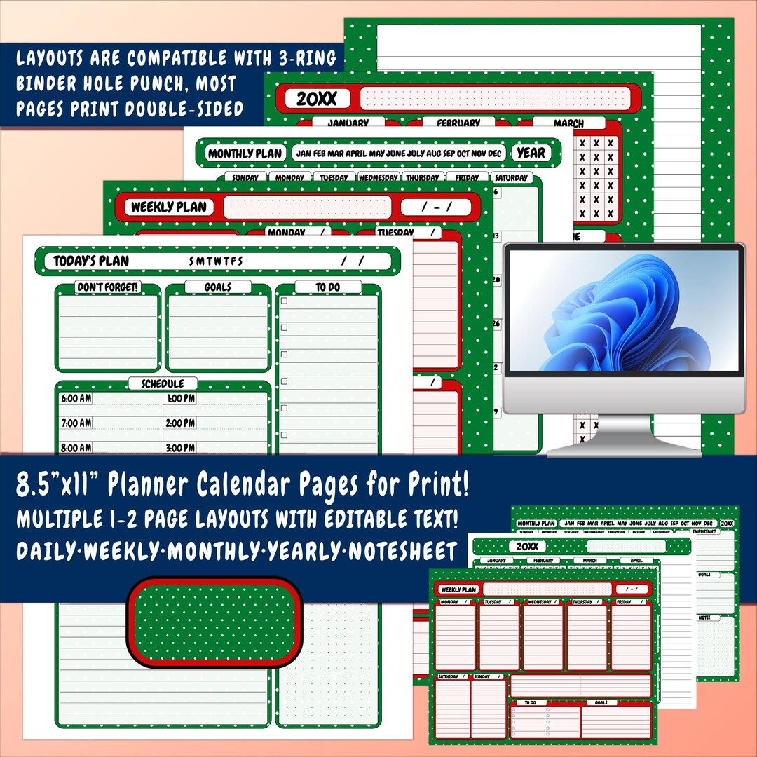 Calendar Pack - Editable Daily | Weekly | Monthly | Yearly | Polka Dots ...