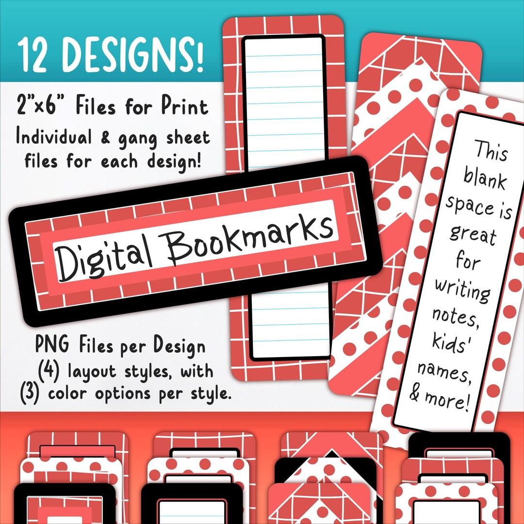 Digital Bookmarks (printable), Clipart Bundle Set of 12 | Lined & Blank ...