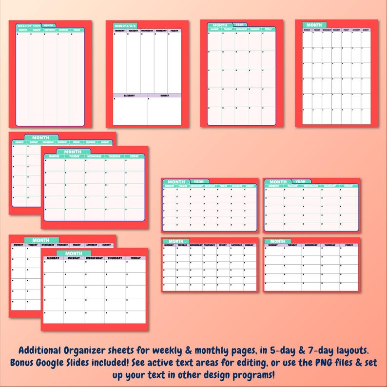 Calendar Pack - Editable Daily | Weekly | Monthly | Yearly | Red, Sea ...