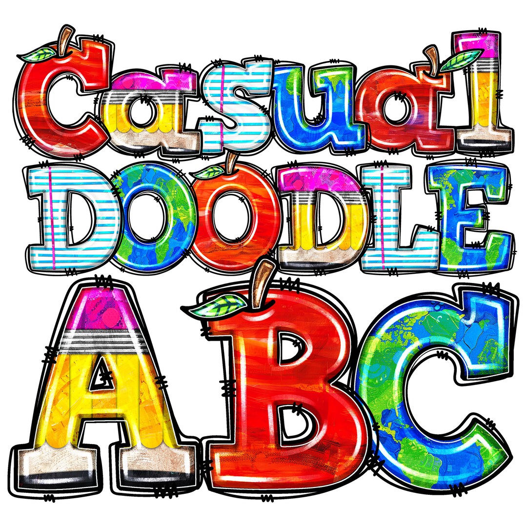 4 Pack School Doodle Alphabet PNG, Digital Download, Casual Hand Drawn ...