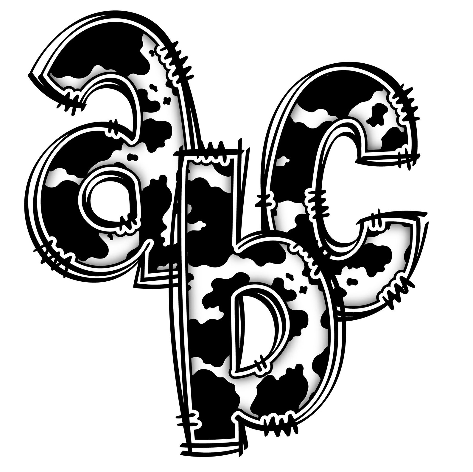 Cow Doodle Alpha PNG, VS3 Uppercase, Lowercase, Black & White Cow Print ...