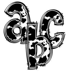 Cow Doodle Alpha PNG, VS3 Uppercase, Lowercase, Black & White Cow Print ...