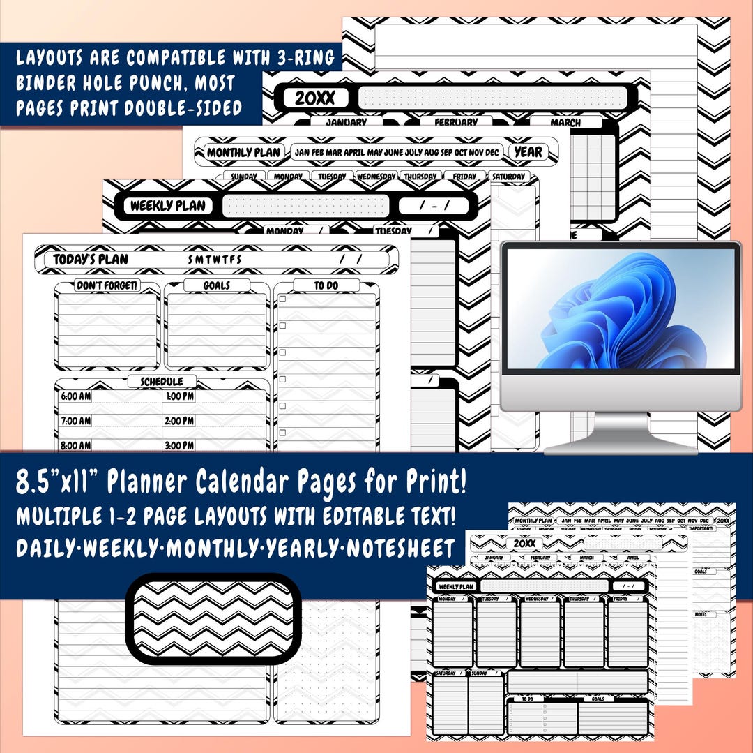 Calendar Pack - Editable Daily | Weekly | Monthly | Yearly | Black and ...