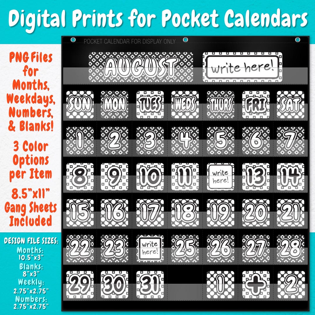 Wall Calendar - Pocket Chart for Teachers | Black and White, Ink Saver ...