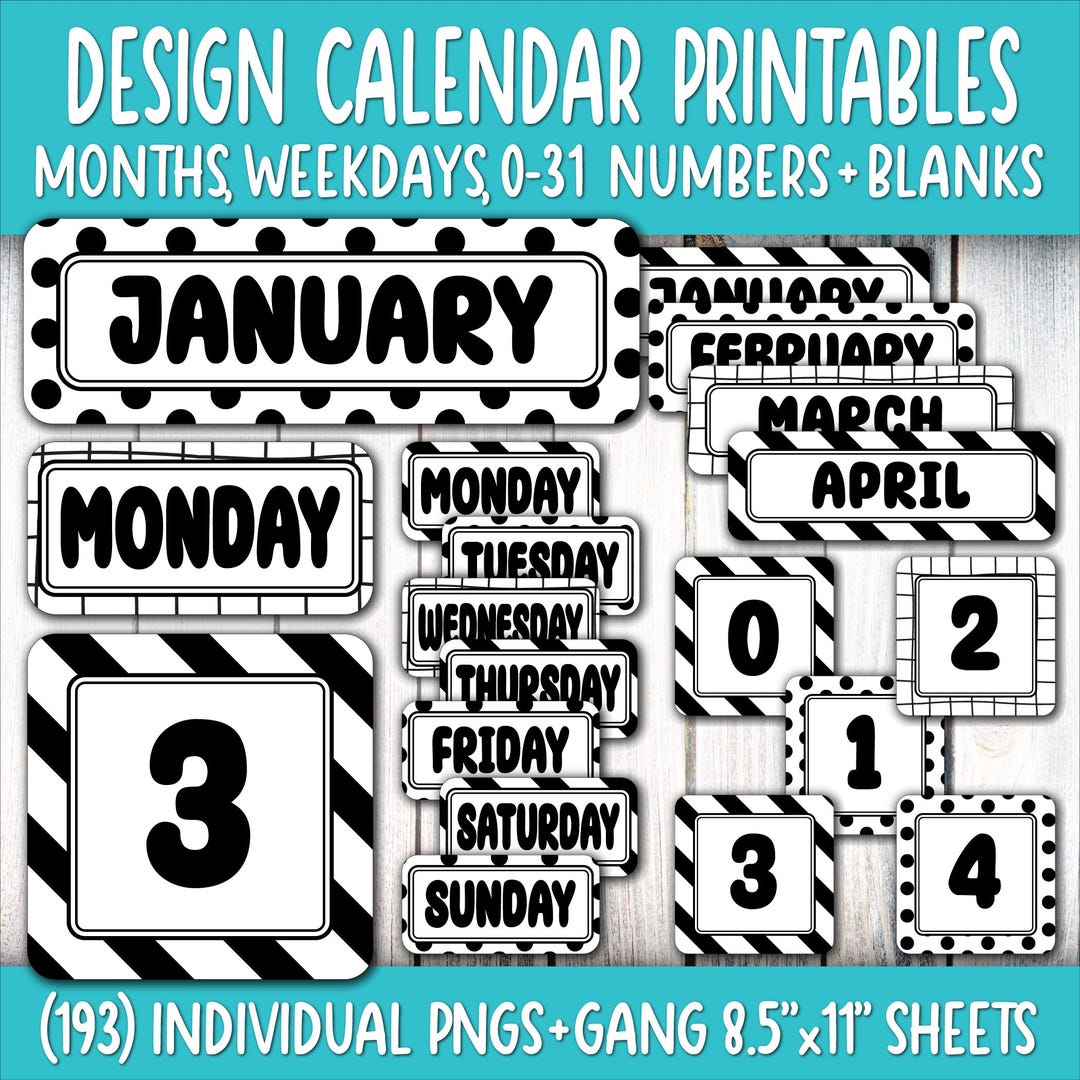 Wall Calendar - Standard - for Teachers | Black, White, Use Less Ink ...