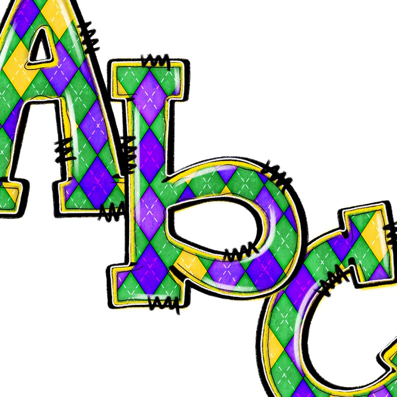 Mardi Party PNG Alphabet Bundle, 3 Full Doodle Hand Drawn Alpha Sets ...