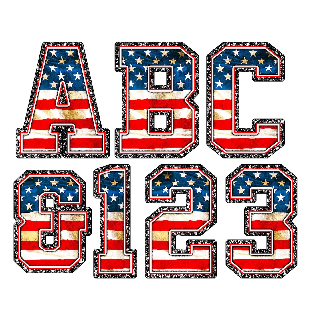 American Flag Pattern Fill Letters and Numbers, Black Glitter Border ...