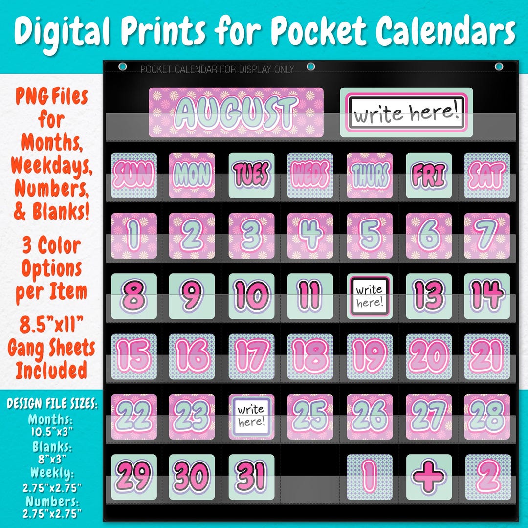 Wall Calendar Pocket Chart for Teachers Flowers, Diamonds, Checkered ...