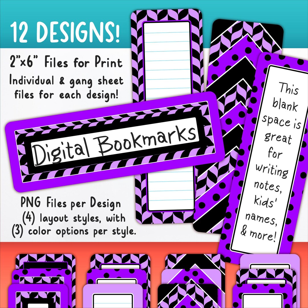 Digital Bookmarks (printable), Clipart Bundle Set of 12 | Lined & Blank ...