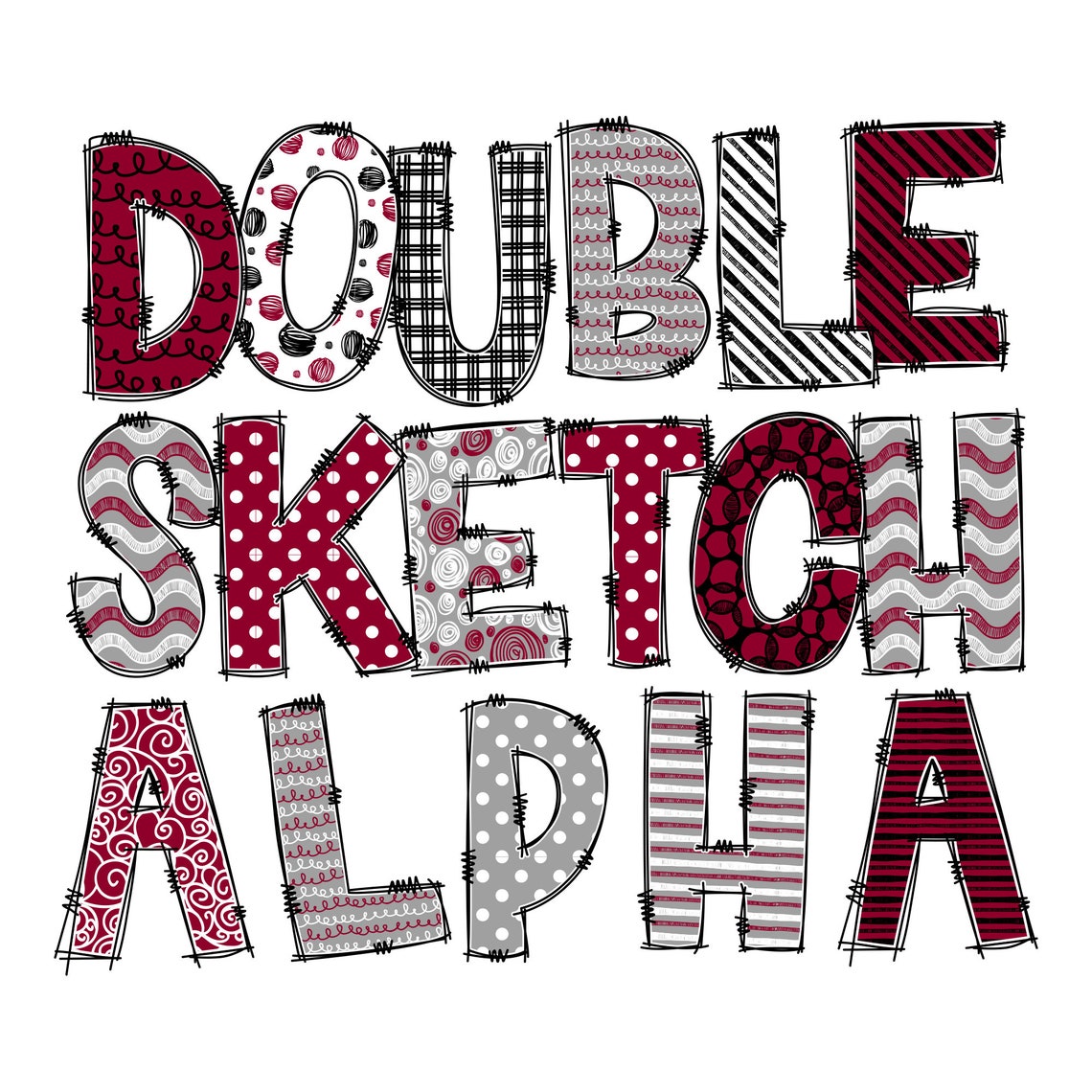 Double Doodle PNG Alphabet Bundle | 2 Full Alphabets Maroon Grey ...