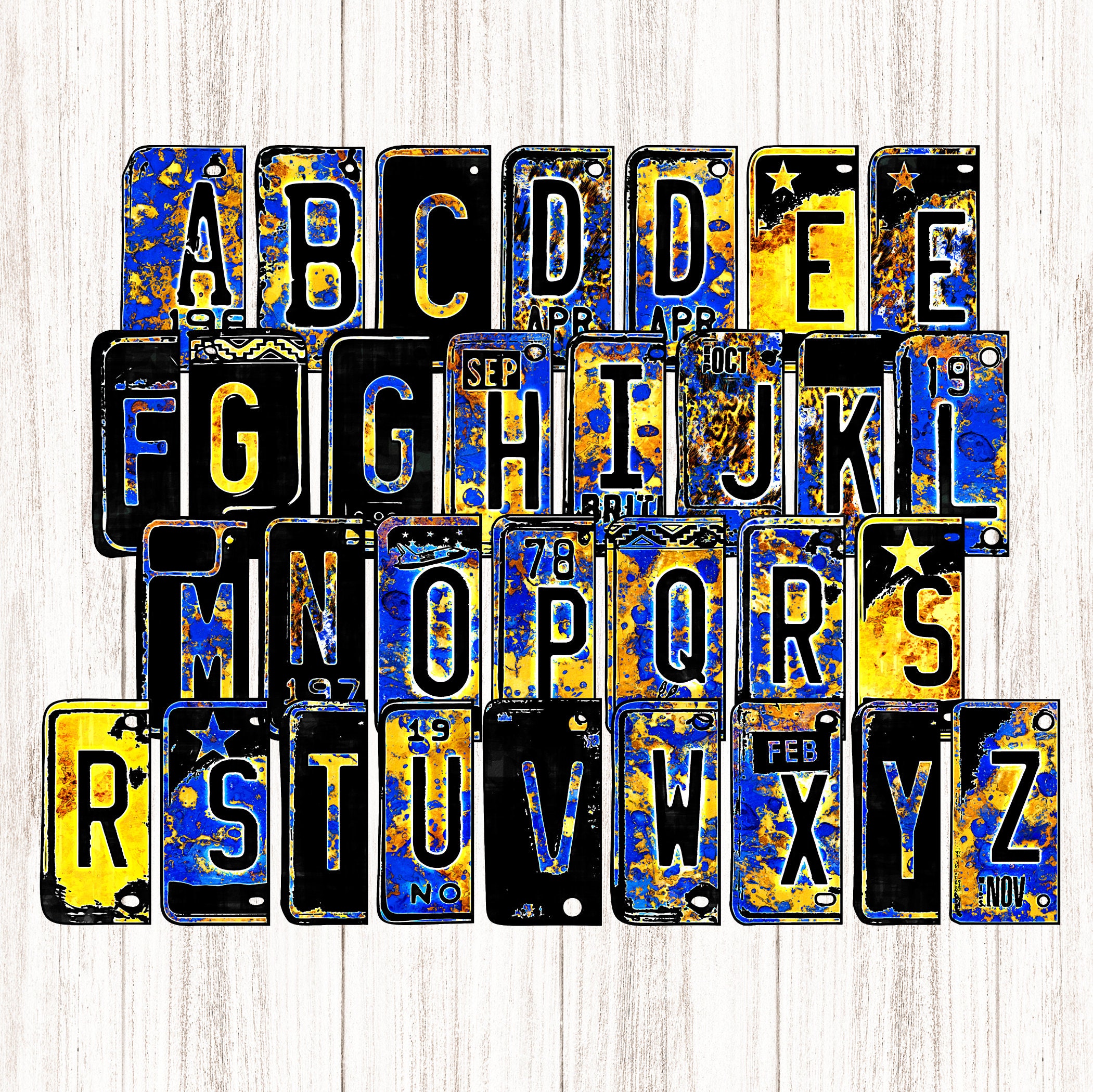Royal Blue & Gold License Plate Alphabet, Mix Match Letters, Grunge ...