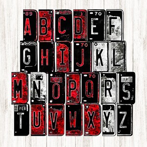Red License Plate Alphabet, Mix Match Letters, Grunge & Leopard Print ...