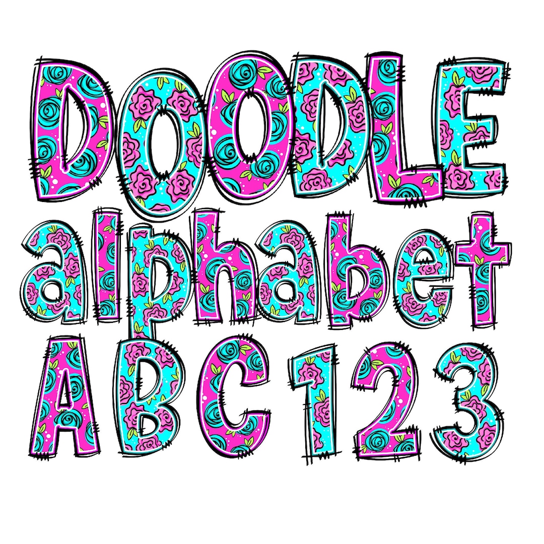 Doodle Floral PNG Alphabets, Pink Blue Mint, Hand Drawn Flowers, Pastel ...