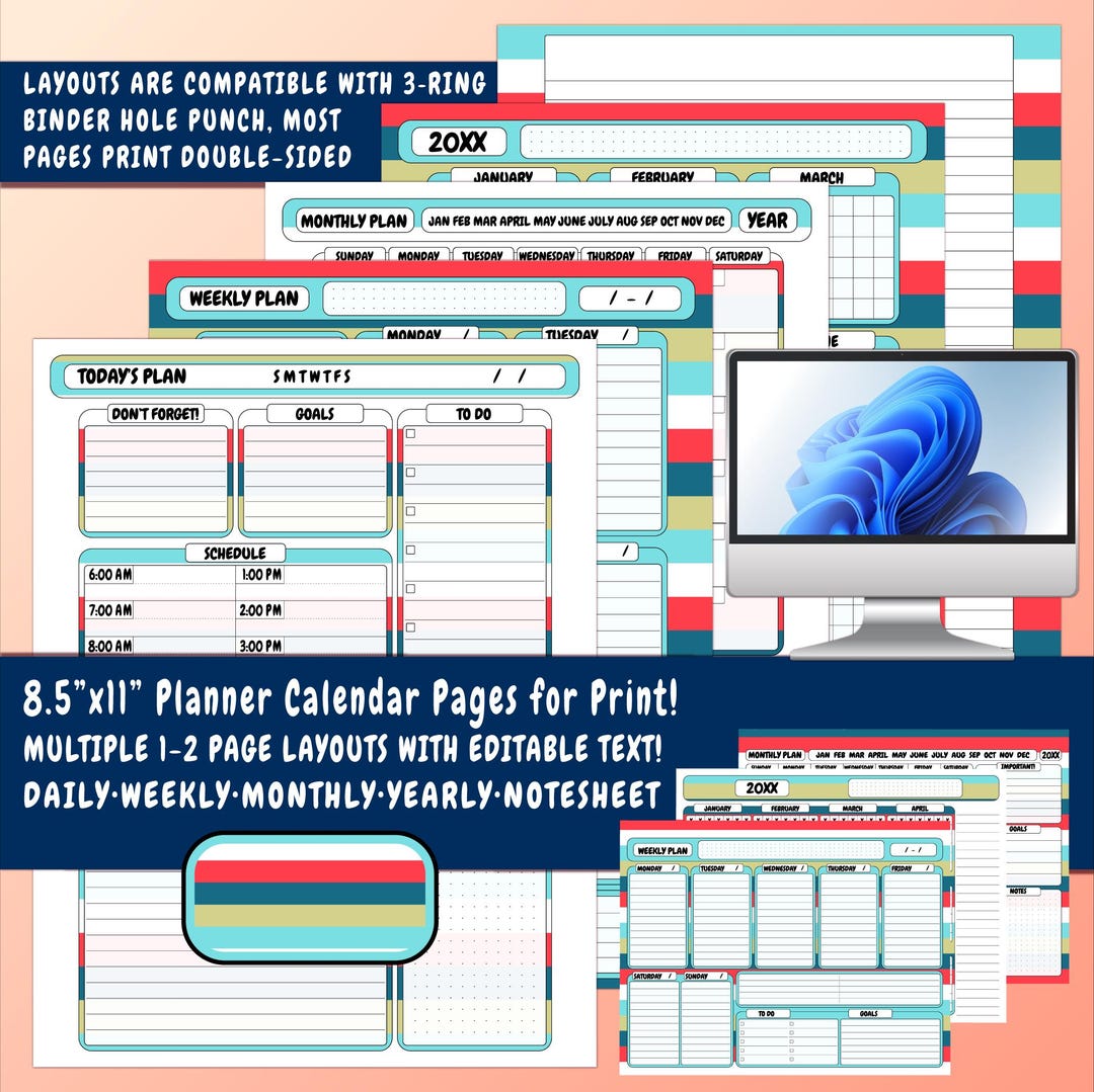 Calendar Pack - Editable Daily | Weekly | Monthly | Yearly | Stripes ...