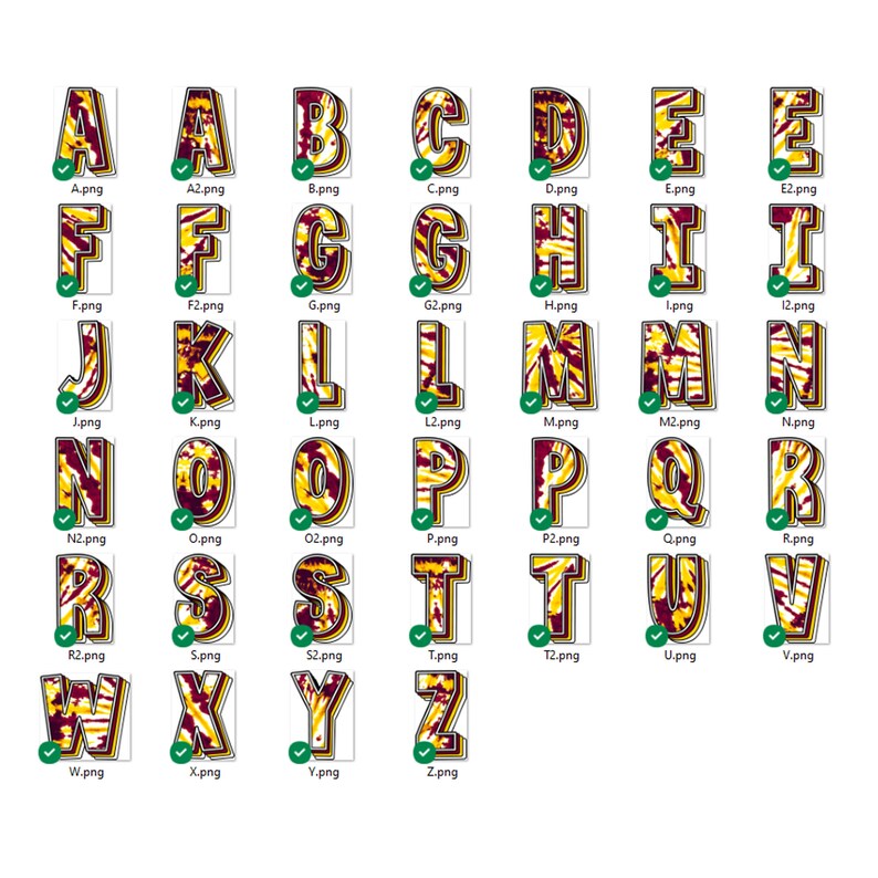 Tiedye Alphabet PNG Maroon White & Yellow Gold Shadow - Etsy
