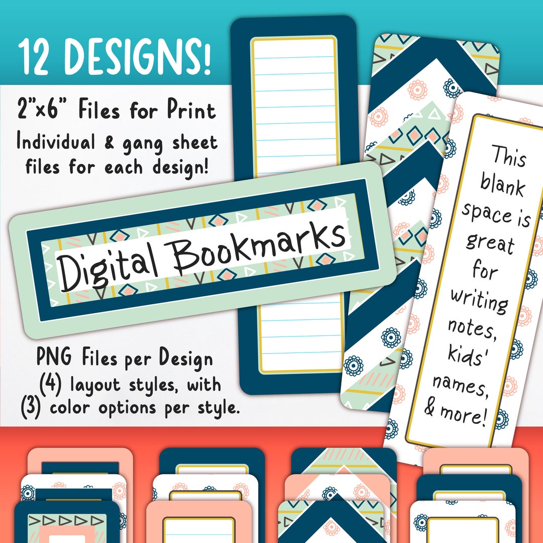 Digital Bookmark Printables, Clipart Bundle Set of 12, Lined and Blank ...