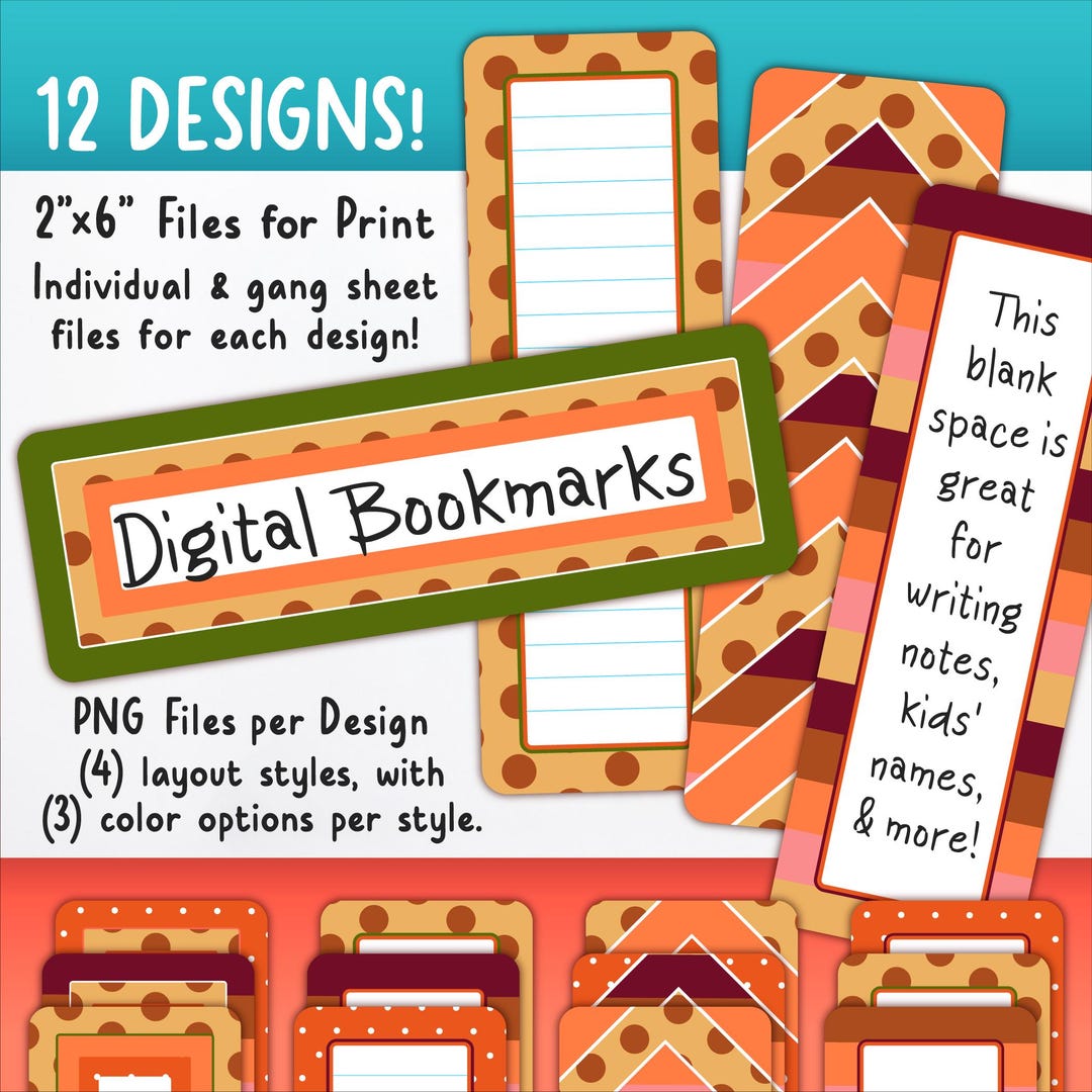 Digital Bookmarks (printable), Clipart Bundle Set of 12 | Lined & Blank ...