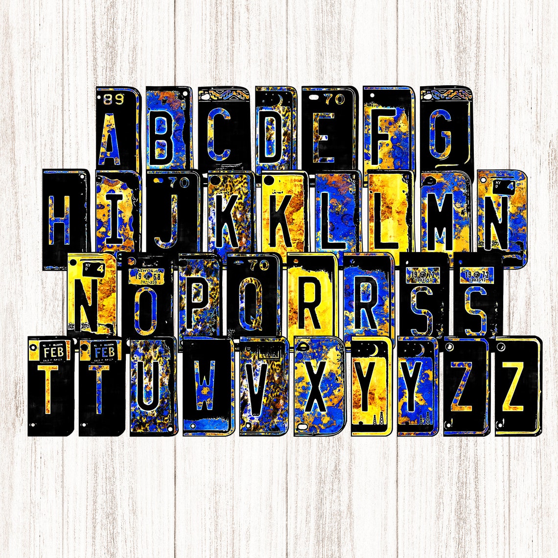 Royal Blue & Gold License Plate Alphabet, Mix Match Letters, Grunge ...