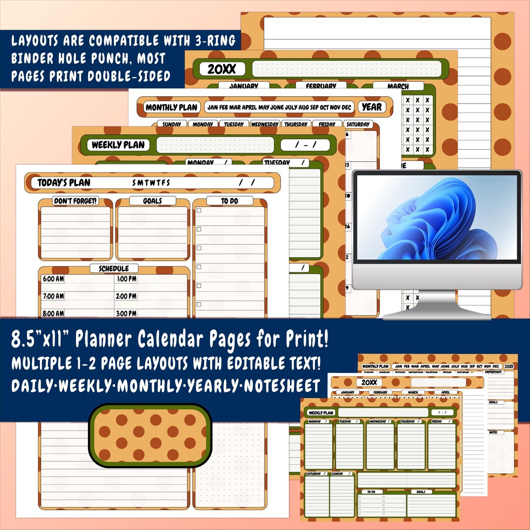 Calendar Pack - Editable Daily | Weekly | Monthly | Yearly | Polka Dots ...