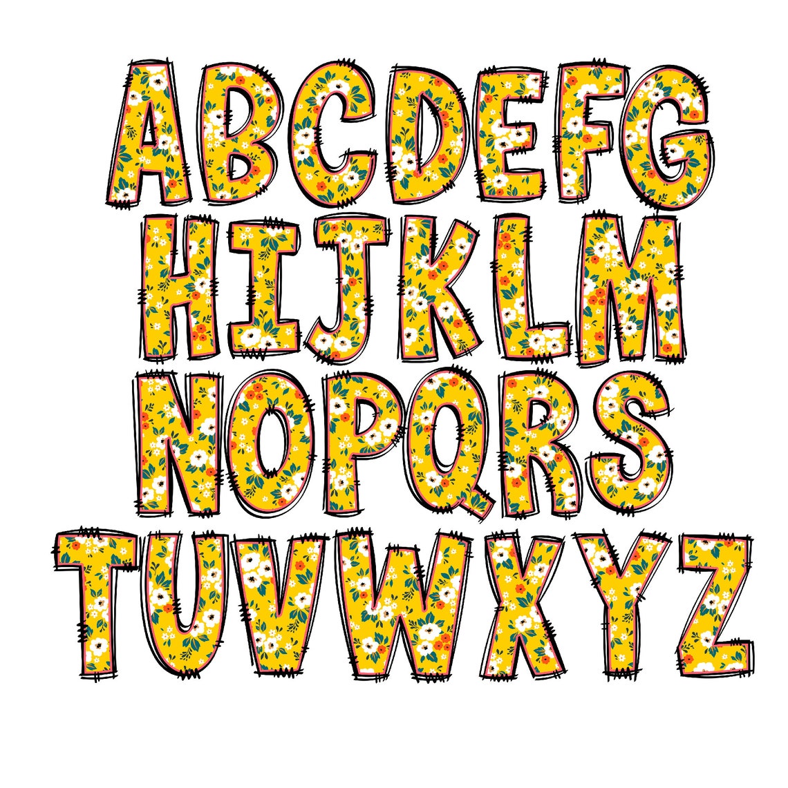 PNG Bundle Alphabet Doodle Alpha Sets With Floral Pattern - Etsy